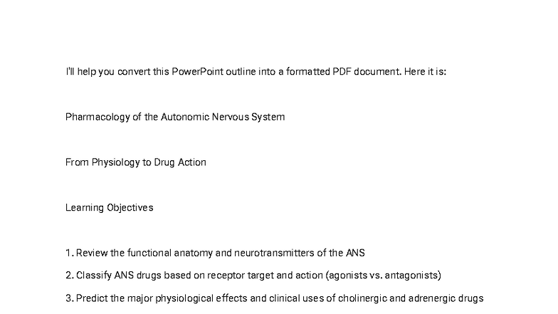 Pharma 101: ANS Pharmacology Overview for Medical Students - Studocu