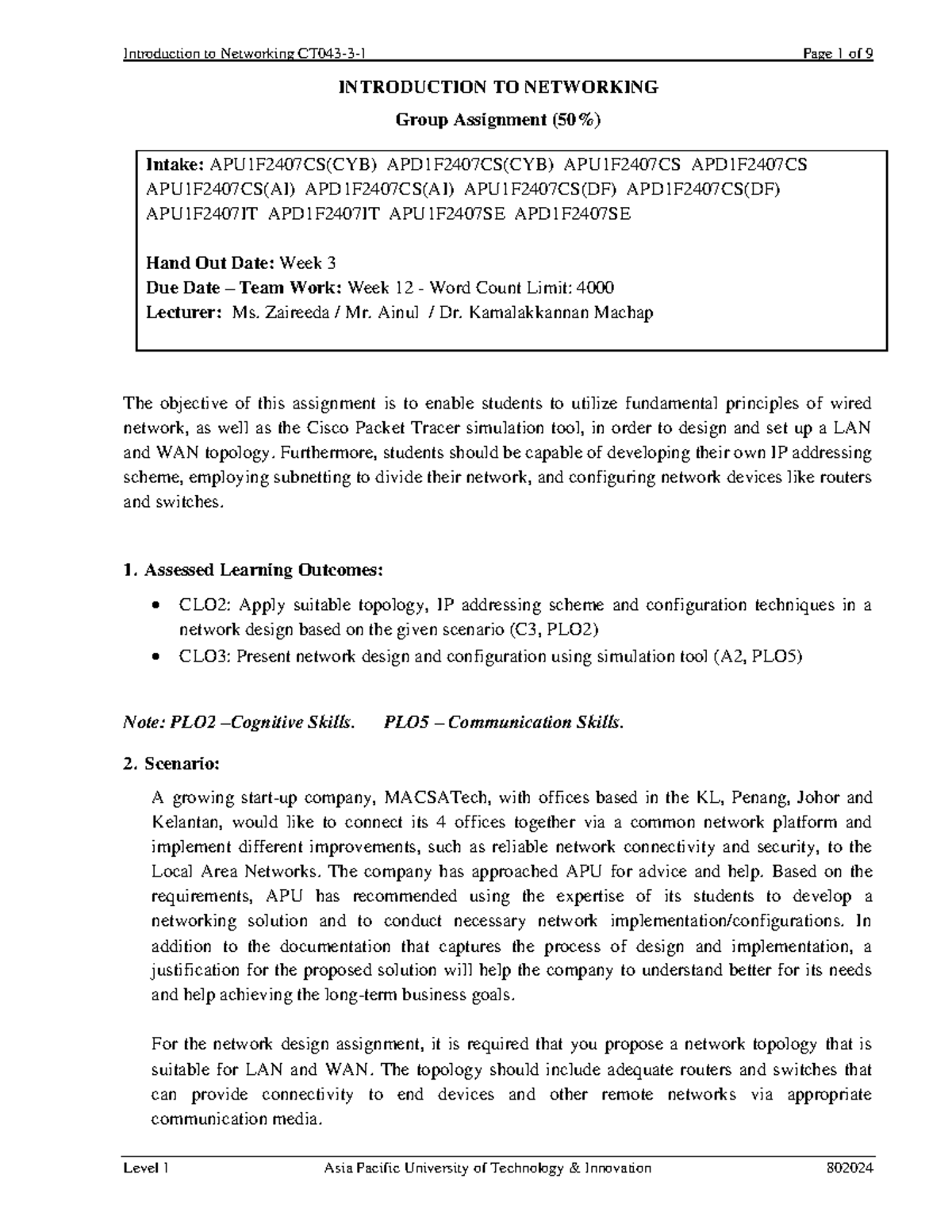 IN - Network Design Assignment - APU1F2 4 07CS(CYB) - Studocu