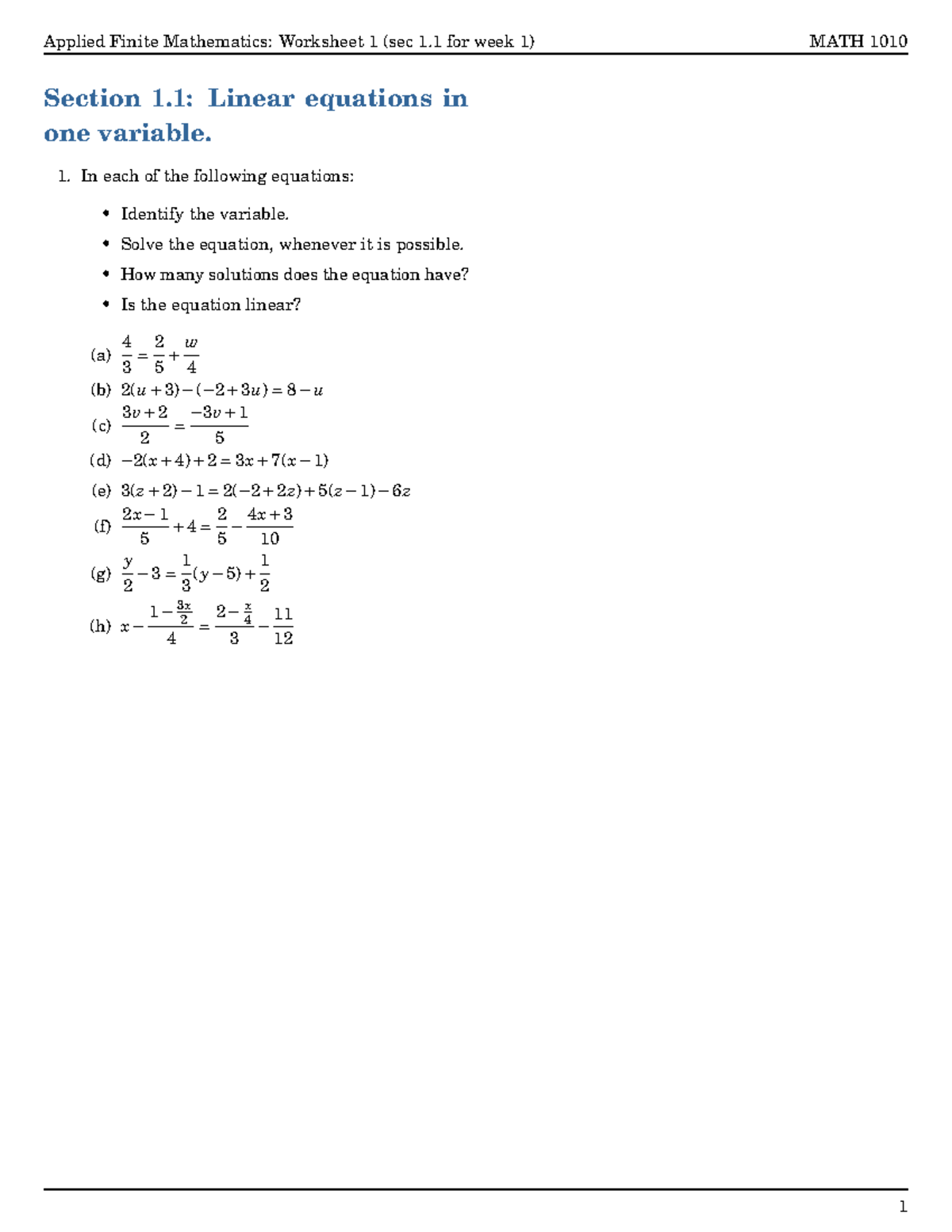W1-MATH1010 - Practice Worksheet on Linear Equations in One Variable ...