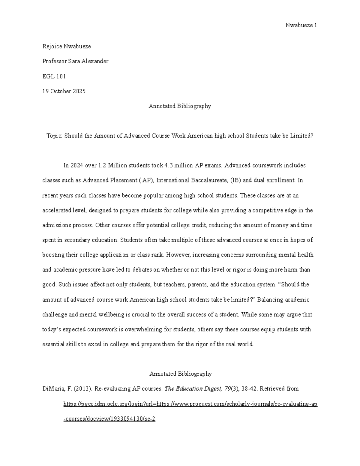 EGL 101 Annotated Bibliography: Limiting Advanced Coursework in HS ...