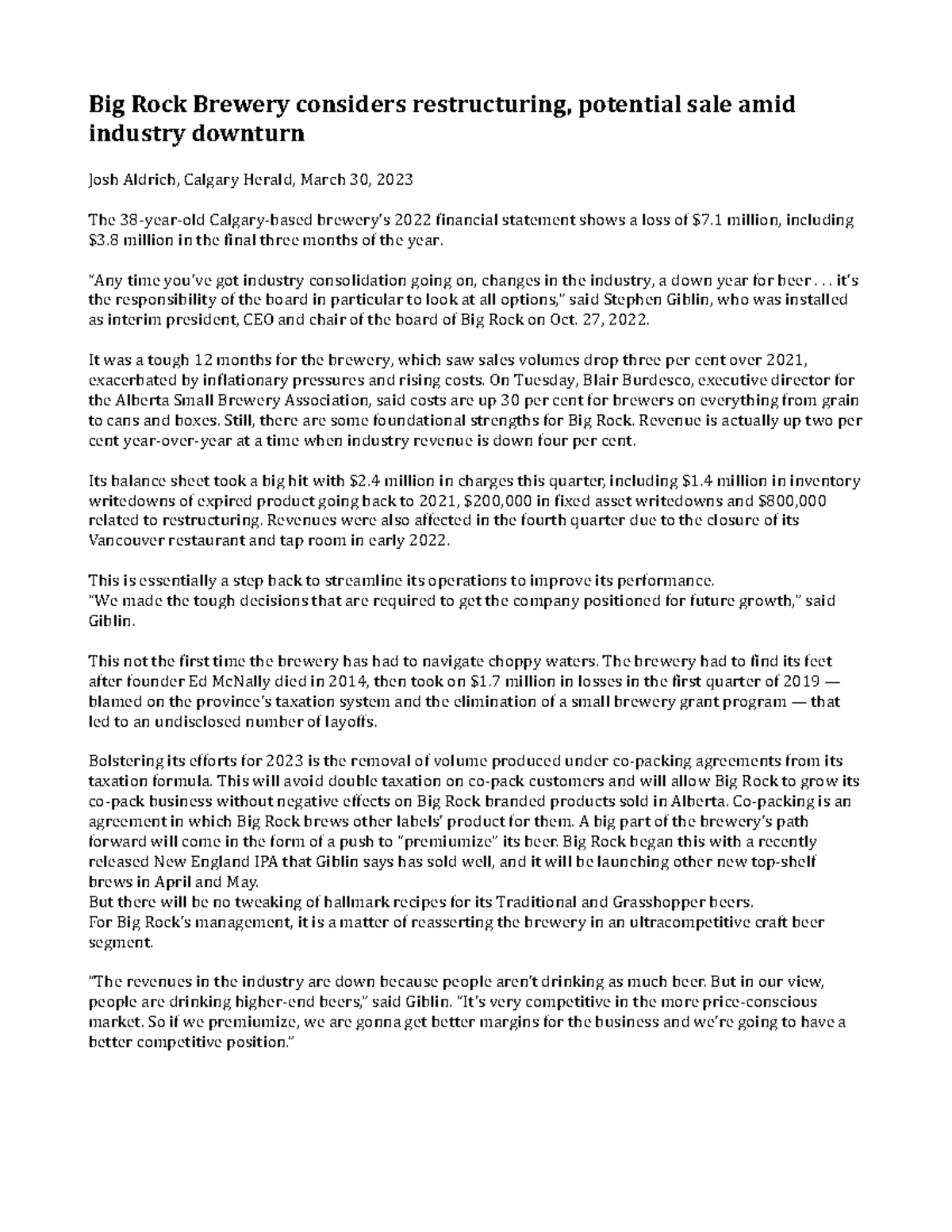 Mini Case Study: Big Rock Brewery's Restructuring & Future Plans - Studocu