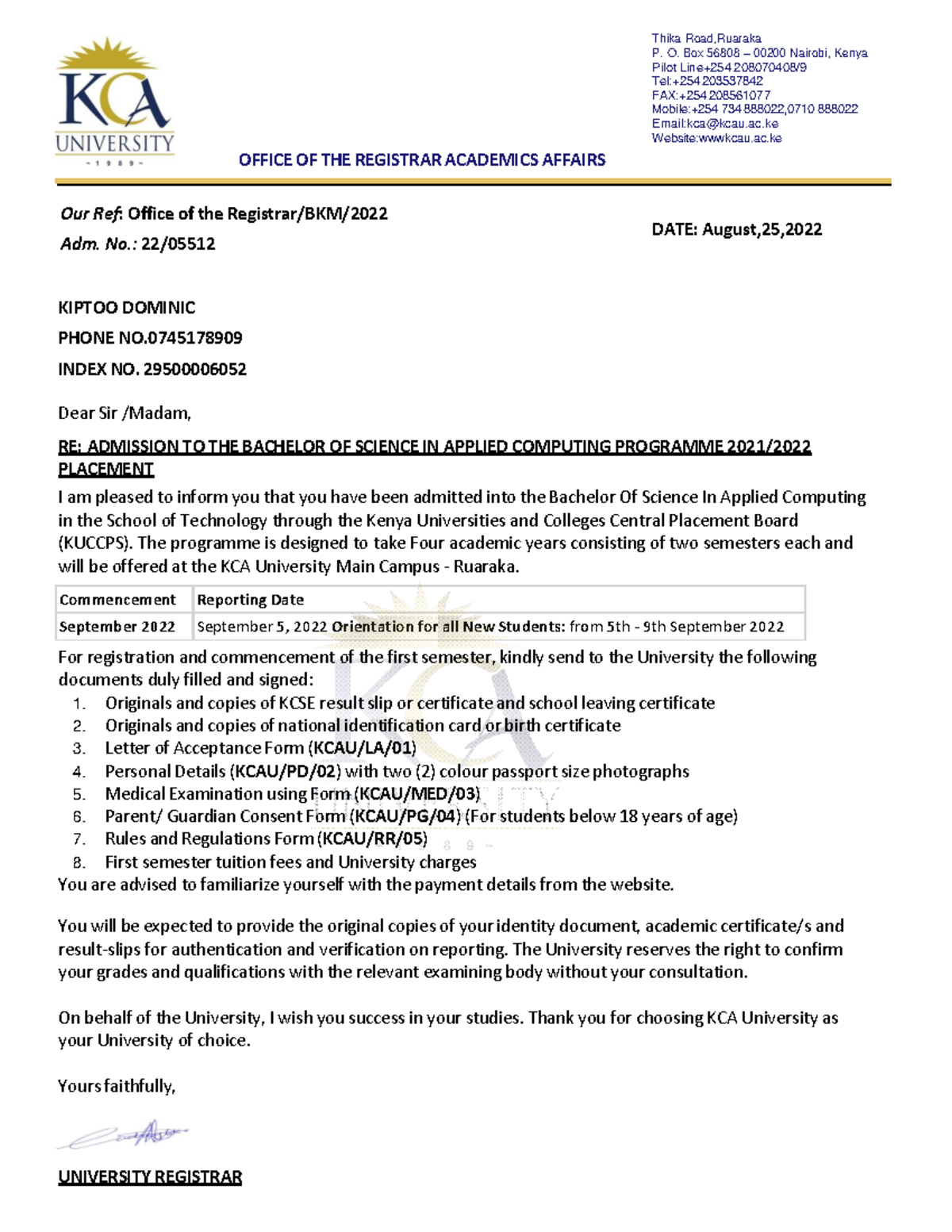 KCAU Admission and Authentication Letter for Dominic Kiptoo - Studocu