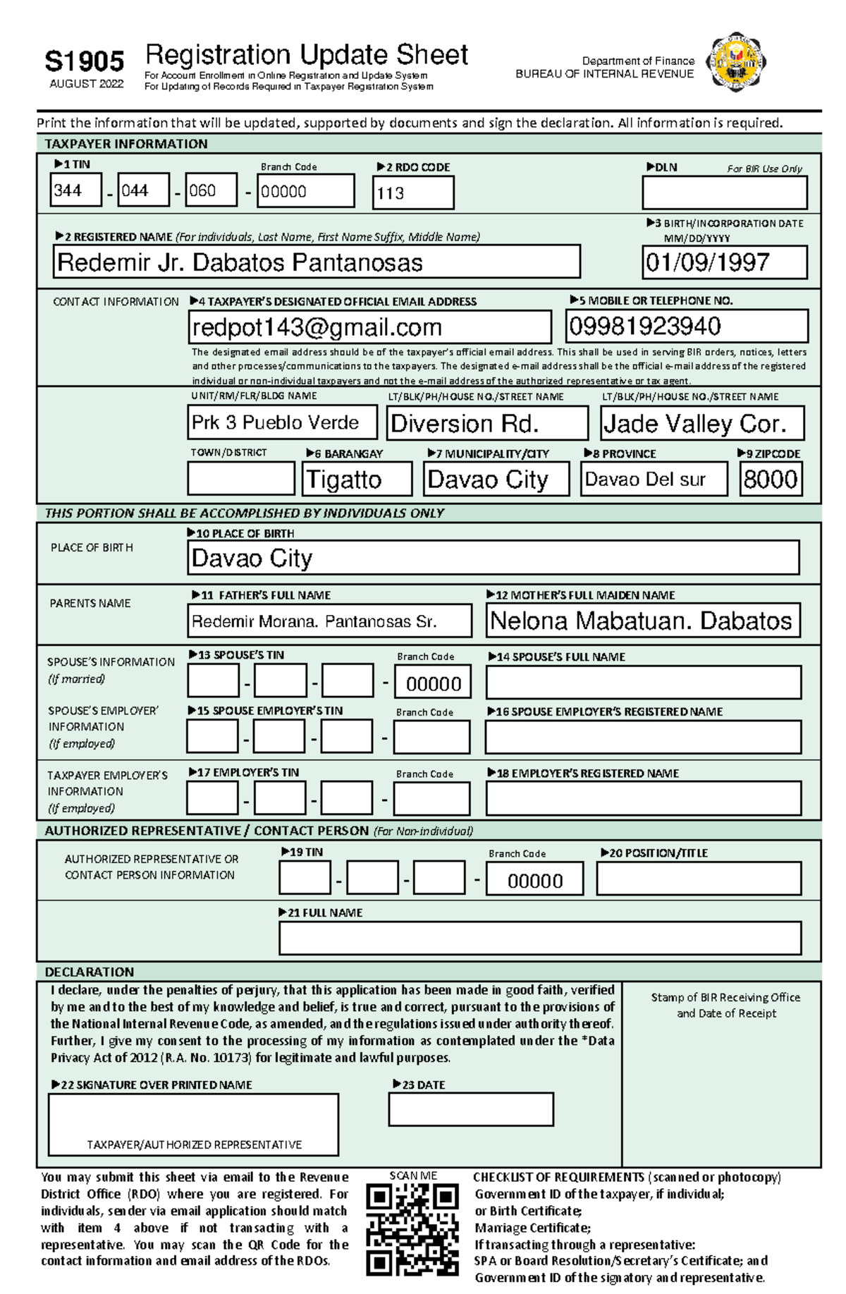BIR S1905 - Taxpayer Registration Update Sheet for August 2022 - Studocu