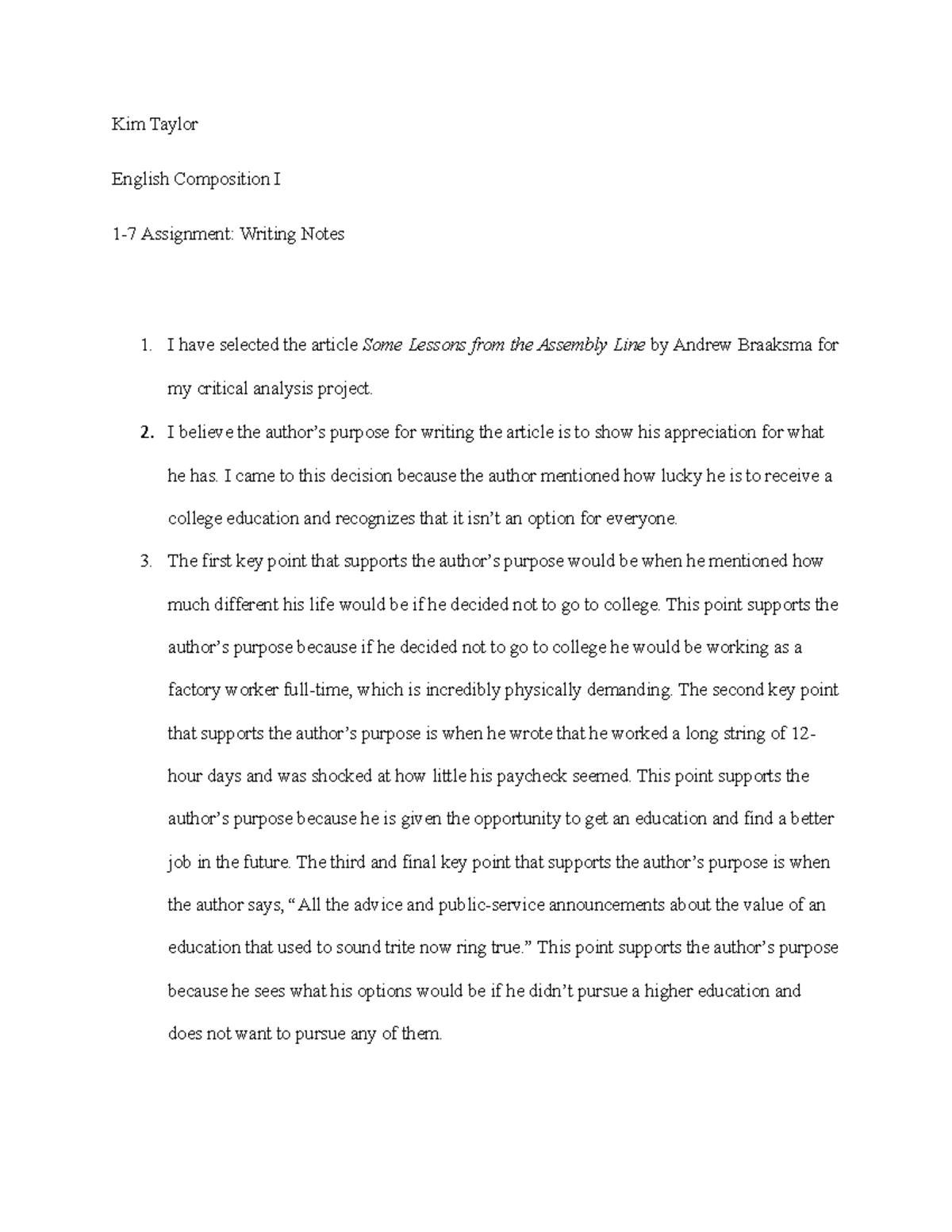 1.7 Assignment - Writing Notes - Some Lessons From The Assembly Line ...