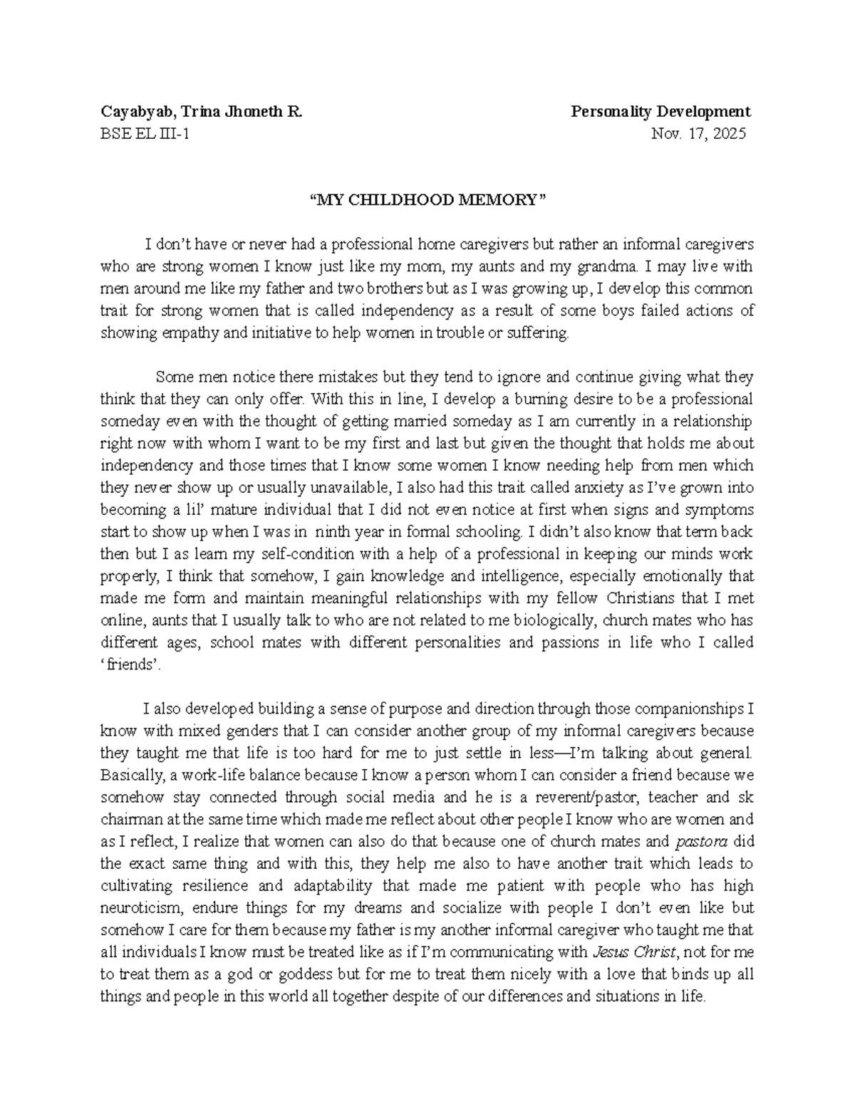 BSE EL Essay: My Childhood Memory by Trina Jhoneth R. Cayabyab - Studocu