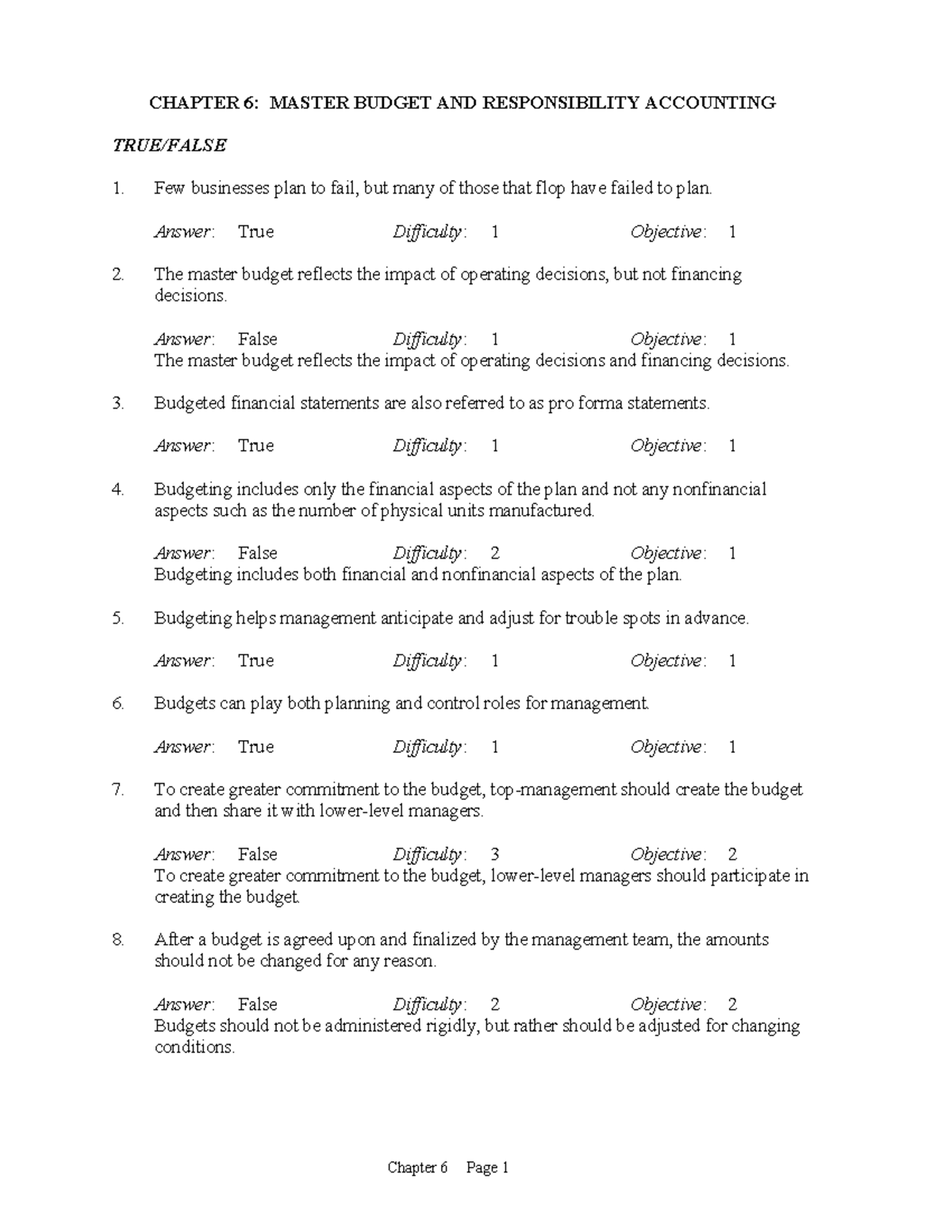 Master Budget & Responsibility Accounting - Chapter 6 Review Notes ...