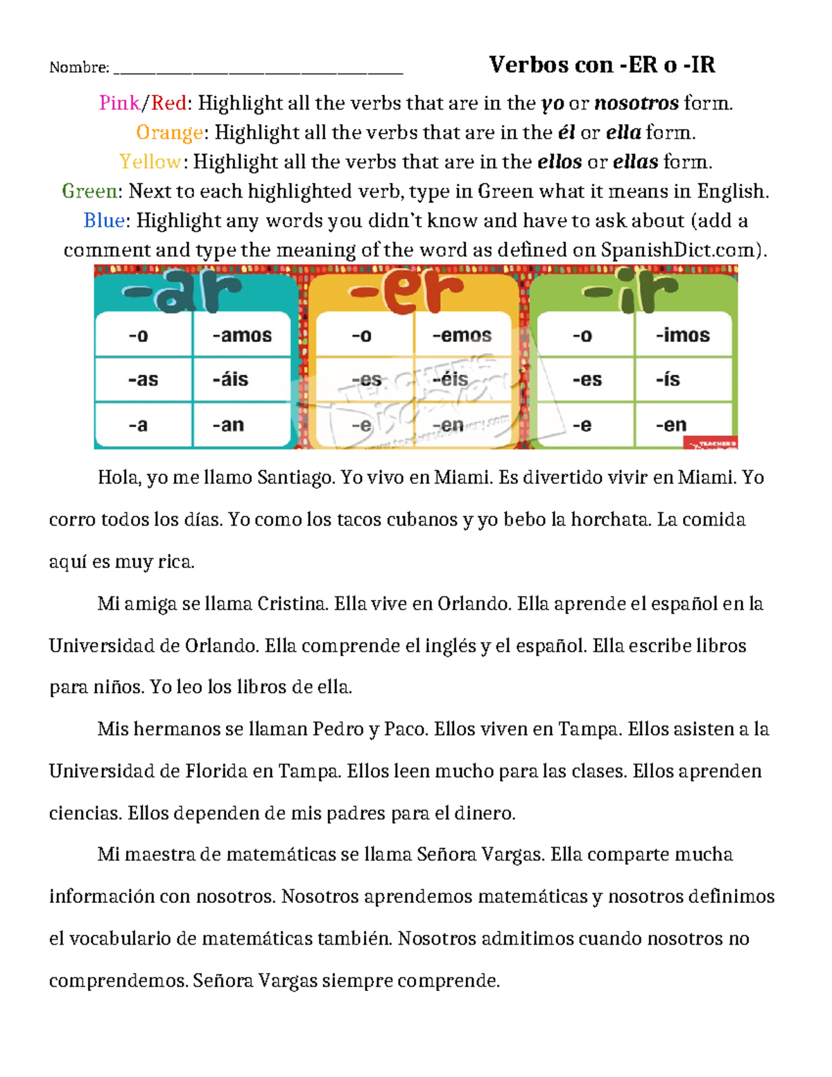 Spanish 1 -ER -IR Rainbow Reading Activity & Questions - Studocu