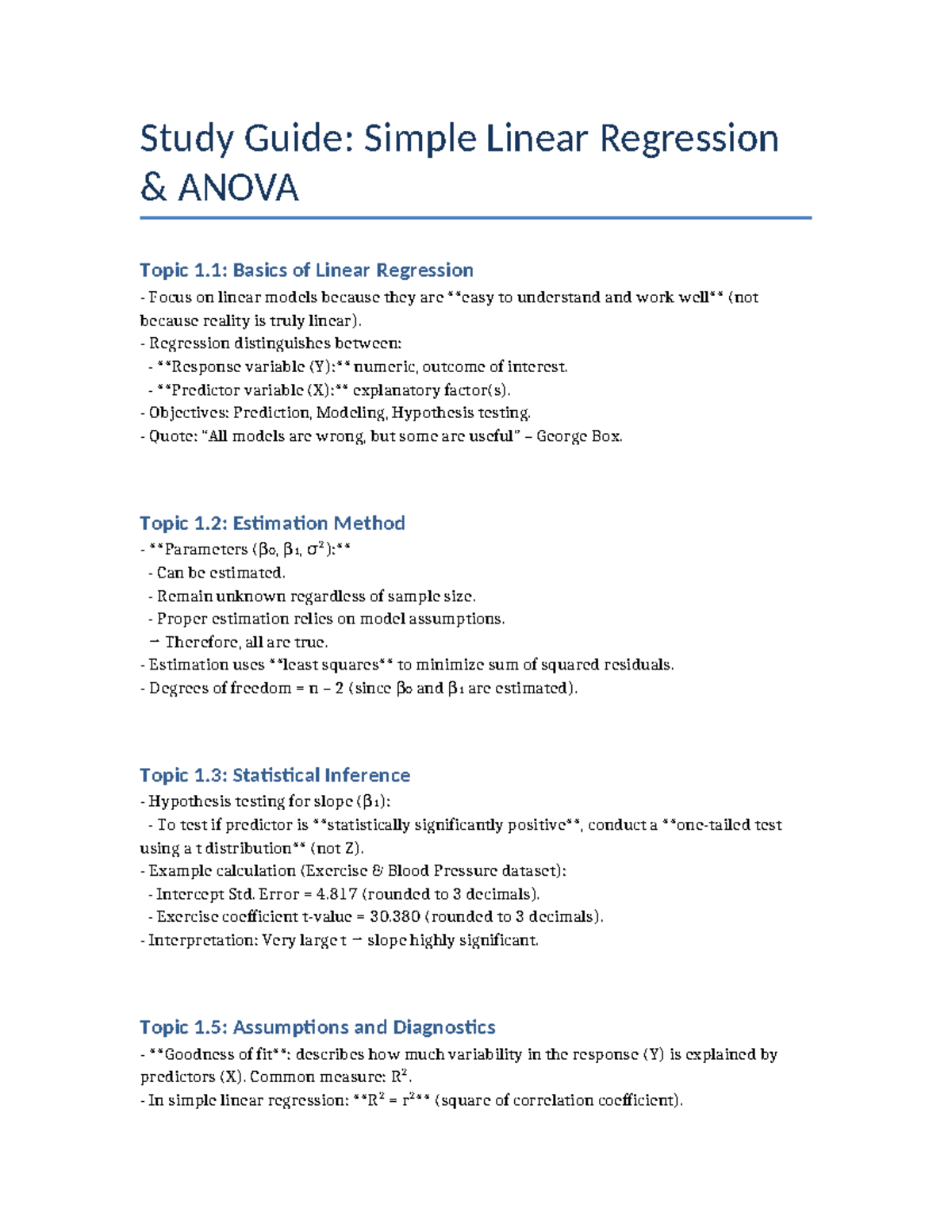 SLR ANOVA Study Guide: Basics of Linear Regression and Inference - Studocu