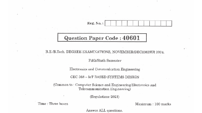 AU CEC 368 IoT Based Systems Design Exam Paper 2024 - Studocu