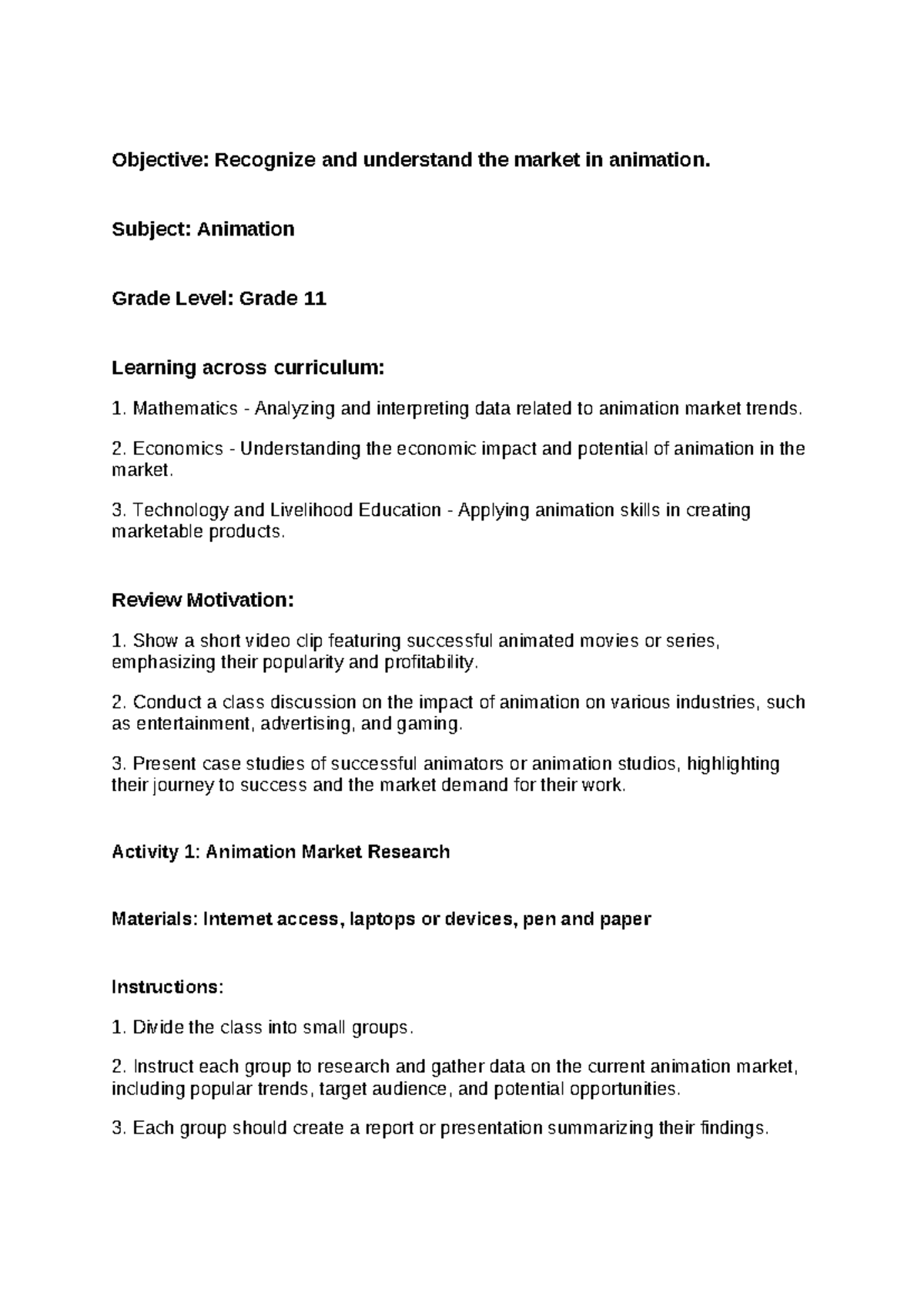 Animation Market Trends & Marketing Plan: Lesson Guide for Grade 11 ...