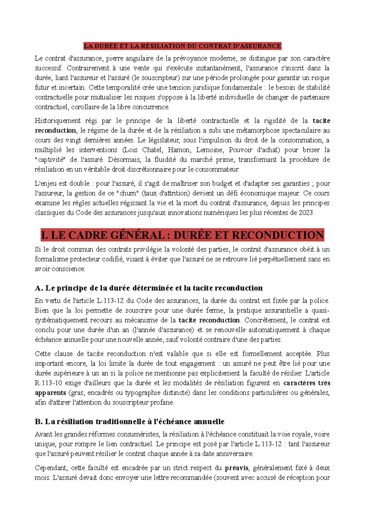 Durée et Résiliation du Contrat d'Assurance - Cours 2023 - Studocu