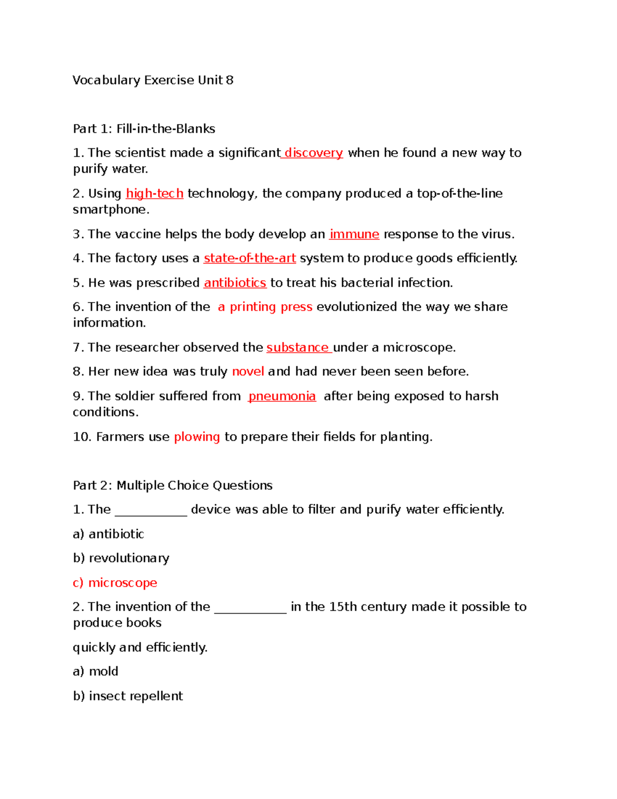 Vocabulary Exercise Unit 8: Comprehensive Review & Practice - Studocu