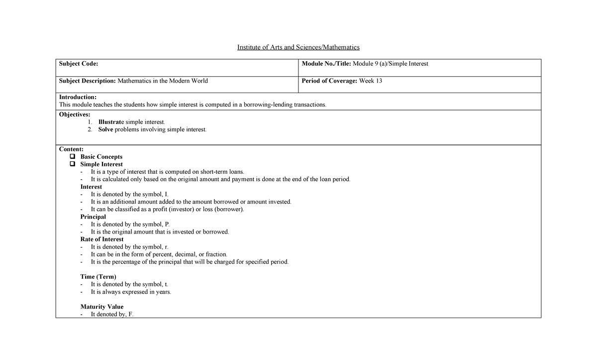Module F1 - Simple Interest: Understanding Basic Concepts and Formulas ...