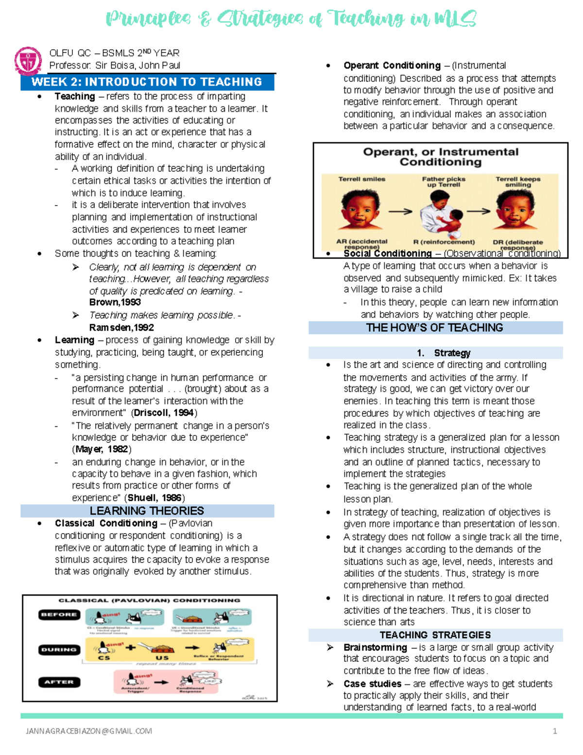 Teaching Principles and Strategies for BSMLS 2nd Year - Studocu