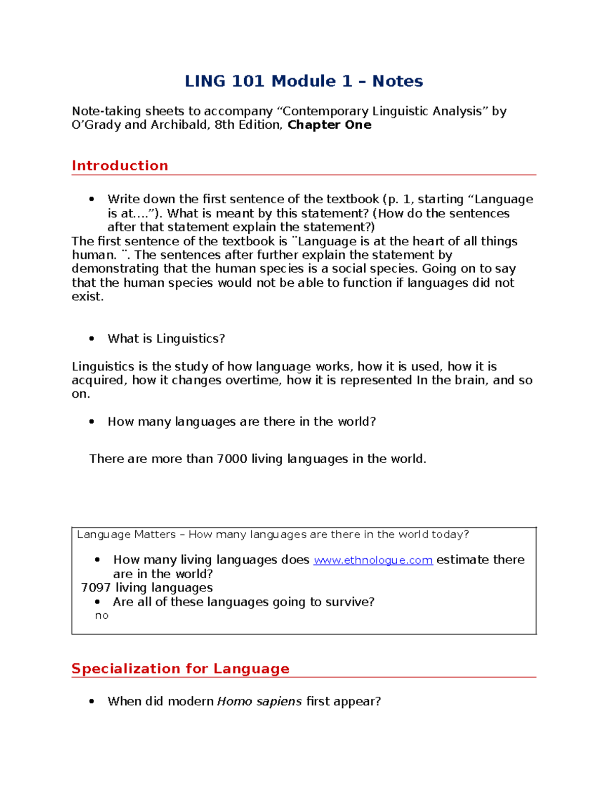 LING 101 Module 1 - Lecture Notes on Contemporary Linguistic Analysis ...