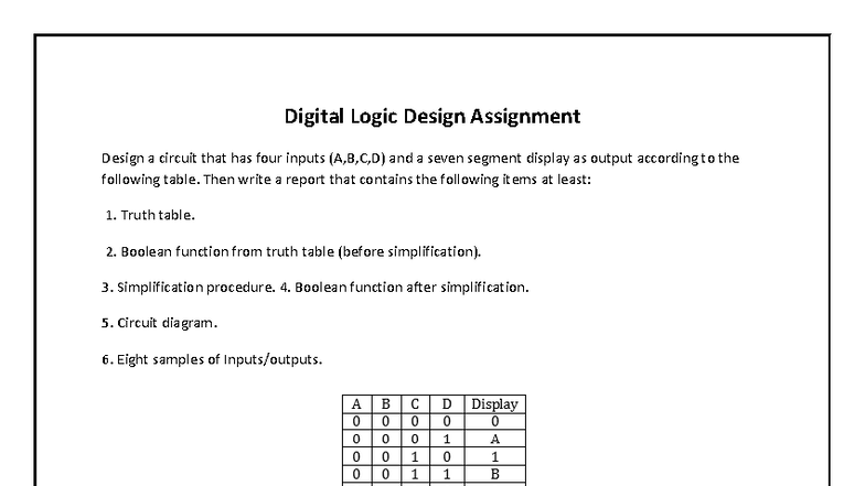 Digital Logic Design Assignment - Digital design - Digital Logic Design Assignment Design a ...