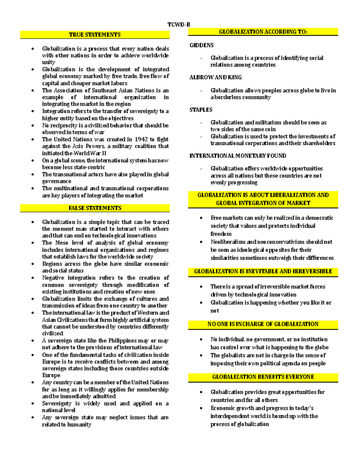 TCWD - Globalization: True and False Statements Analysis - Studocu