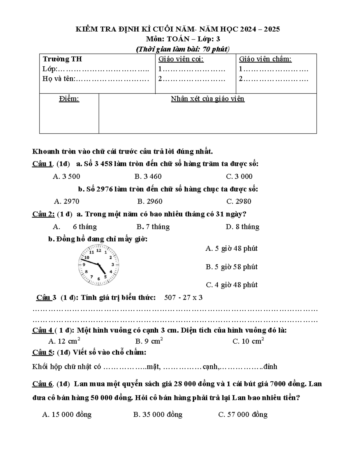 ĐỀ THI CUỐI KÌ 2 MÔN TOÁN LỚP 3 NĂM HỌC 2024-2025 - Studocu