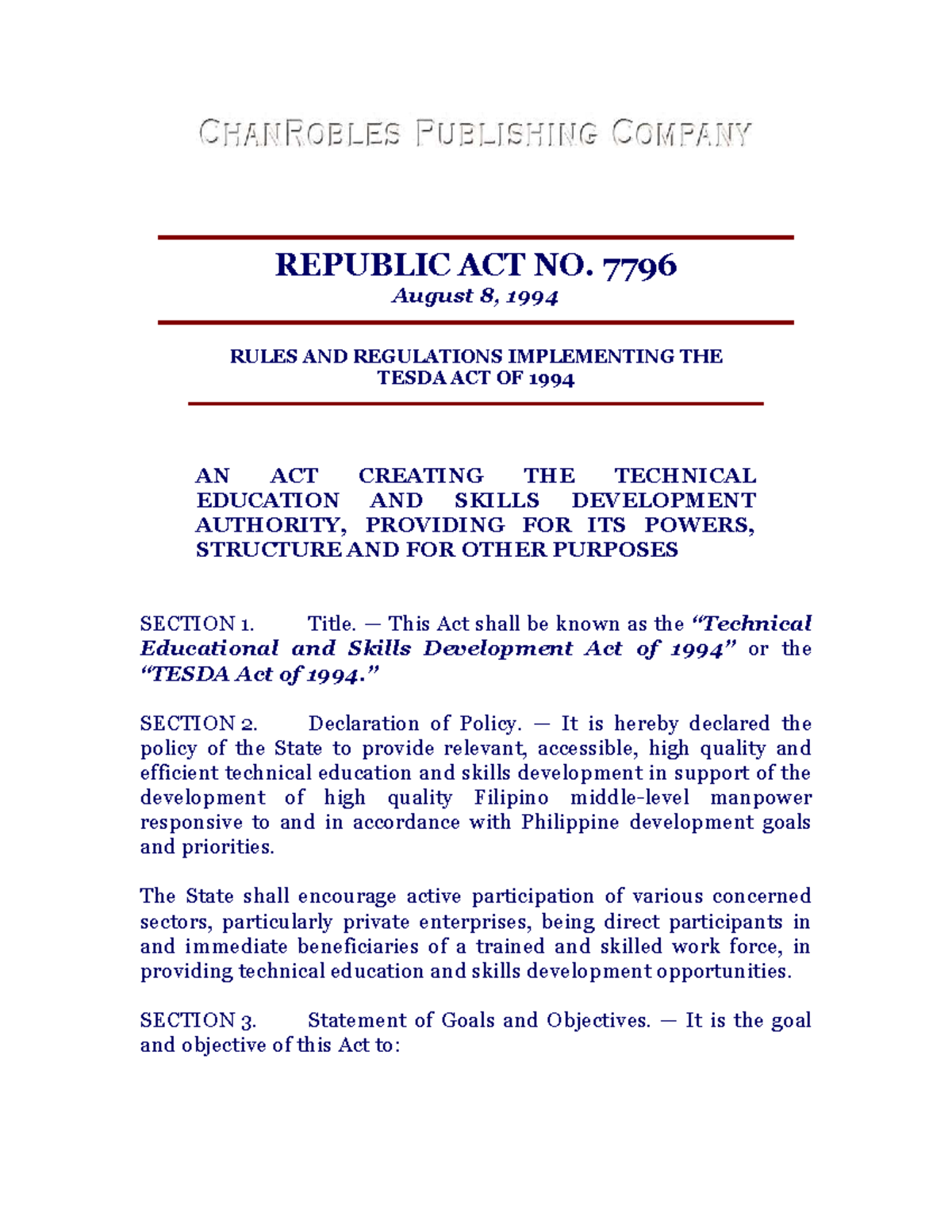 TESDA Act of 1994: Rules & Regulations Overview - Studocu