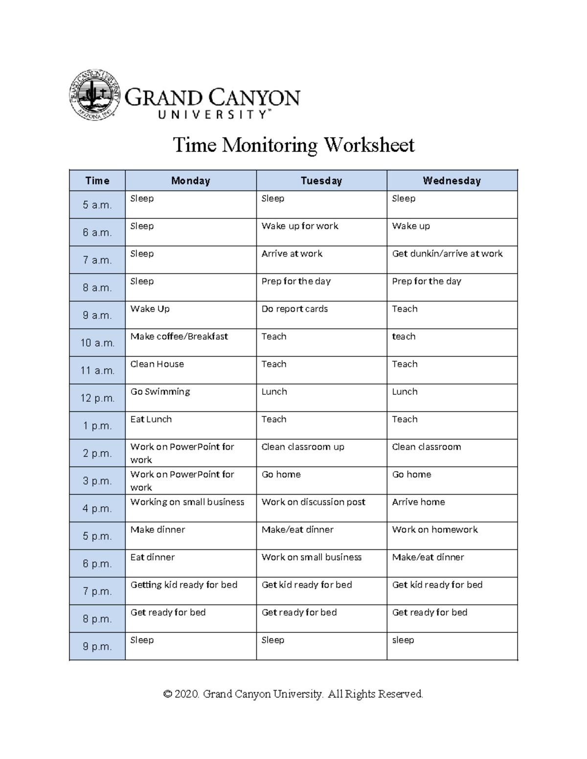 UNV-501-RS Time Monitoring Worksheet for Daily Activities - Studocu