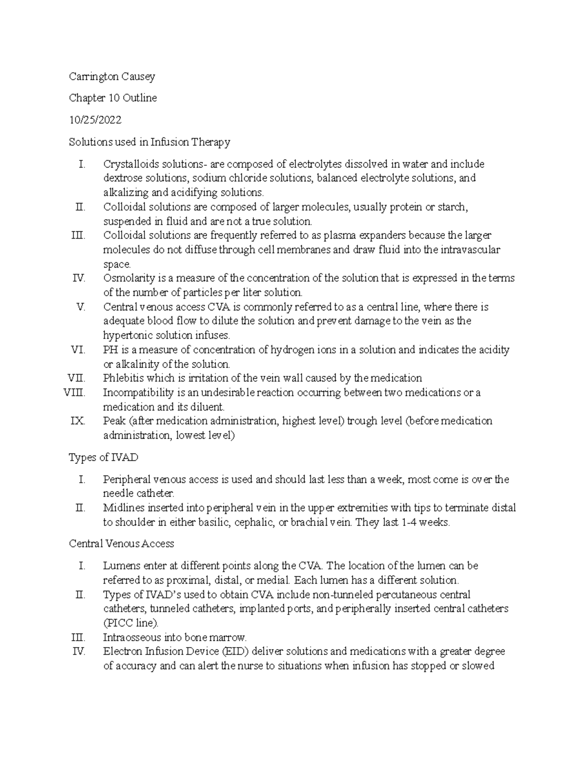 NUR 210 Chapter 10 Outline: Infusion Therapy Concepts and IVADs - Studocu