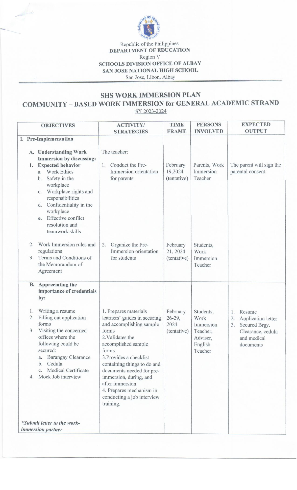 SHS Work Immersion Plan for General Academic Strand (SY 2024) - Studocu