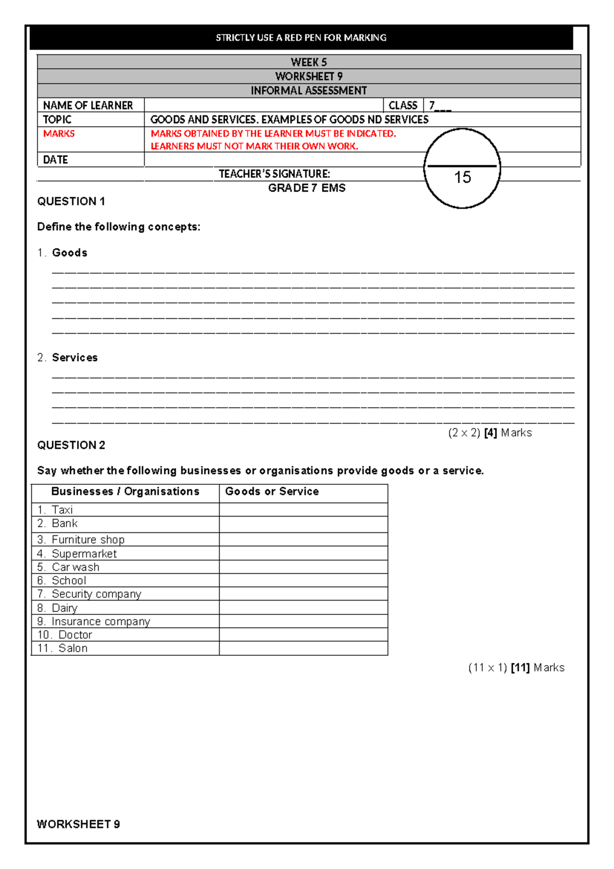 Grade 7 EMS Worksheet 9: Goods and Services Assessment - Studocu