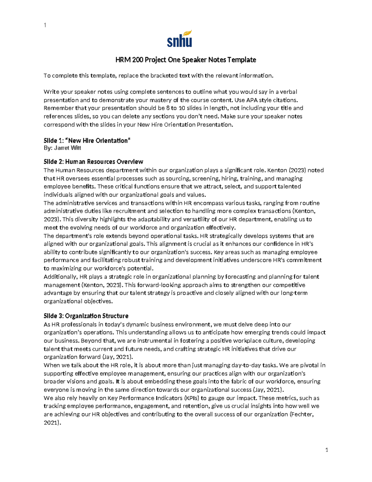 HRM 200 Project One Speaker Notes - New Hire Orientation Guide - Studocu