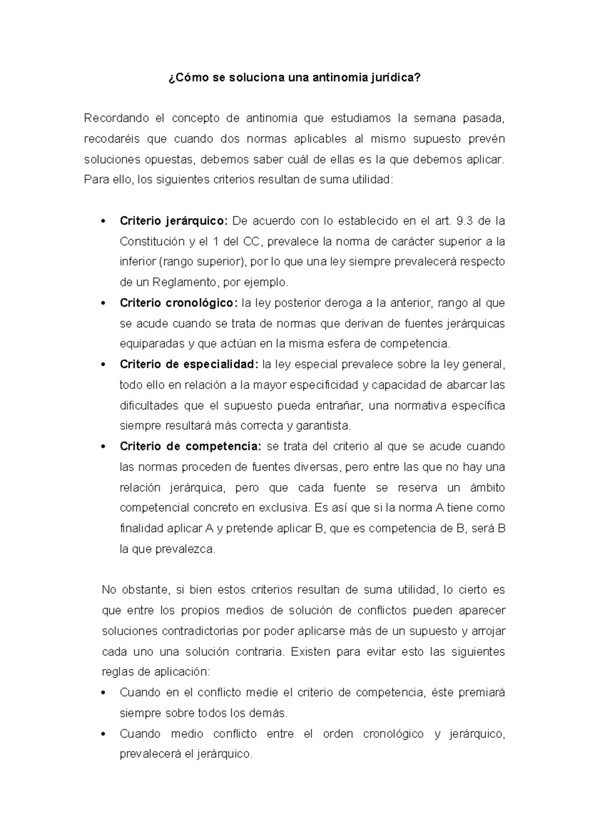 CÓMO SE SOLUCIONA UNA ANTINOMIA JURÍDICA? ANÁLISIS Y CRITERIOS - Studocu