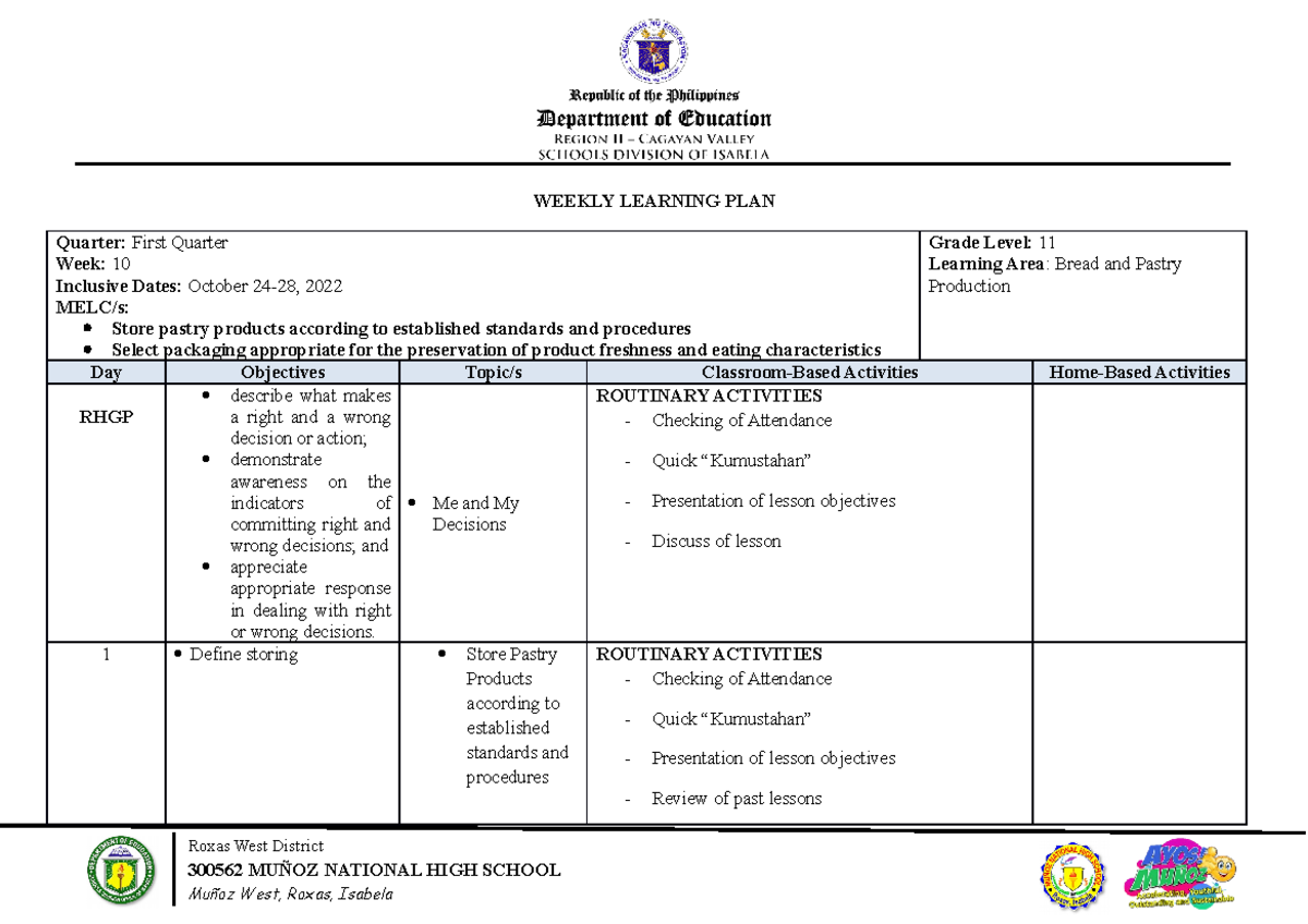 BPP WLP WEEK 10 - dll - WEEKLY LEARNING PLAN Quarter: First Quarter ...