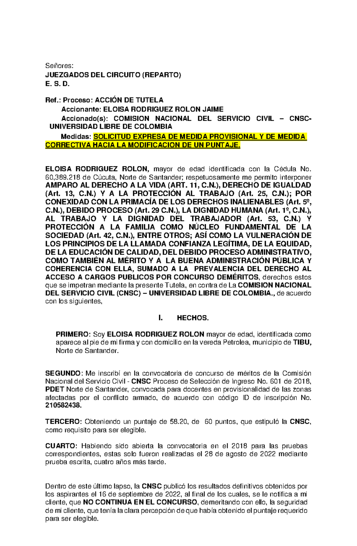 Acción de Tutela: Solicitud de Medida Provisional y Correctiva - CNSC ...