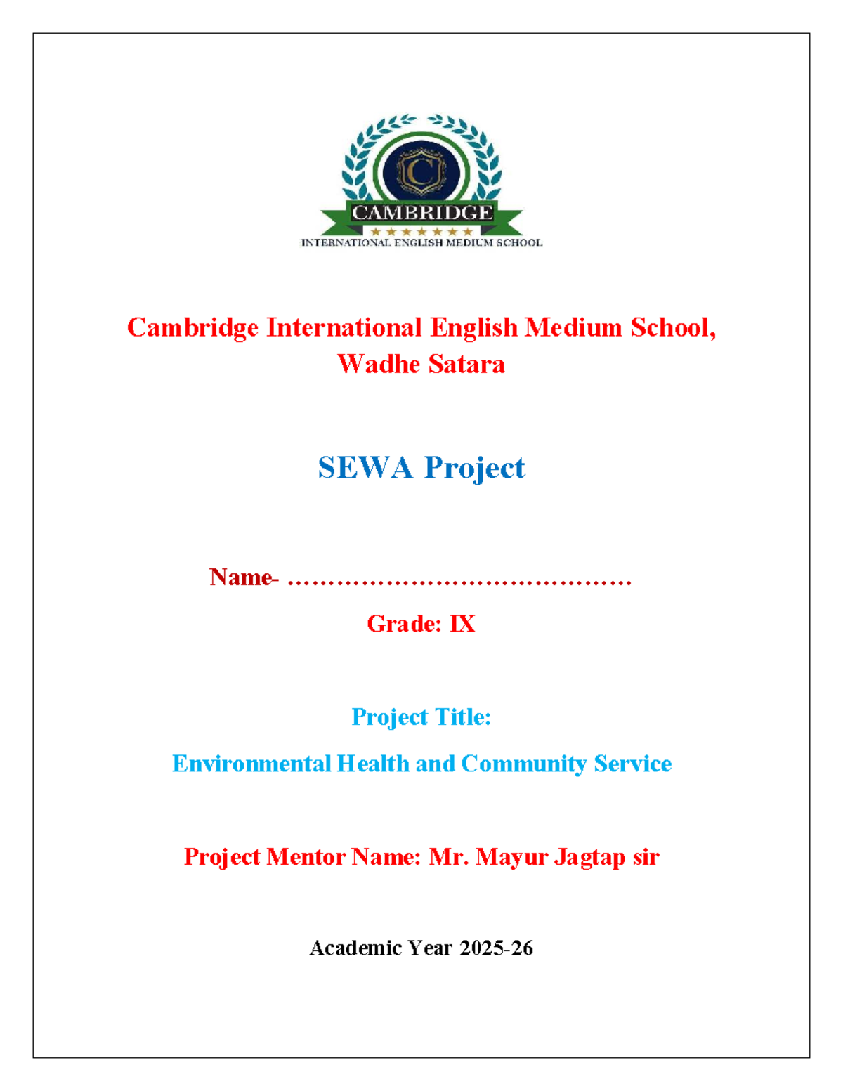 SEWA Project Report: Environmental Health & Community Service (Grade IX ...