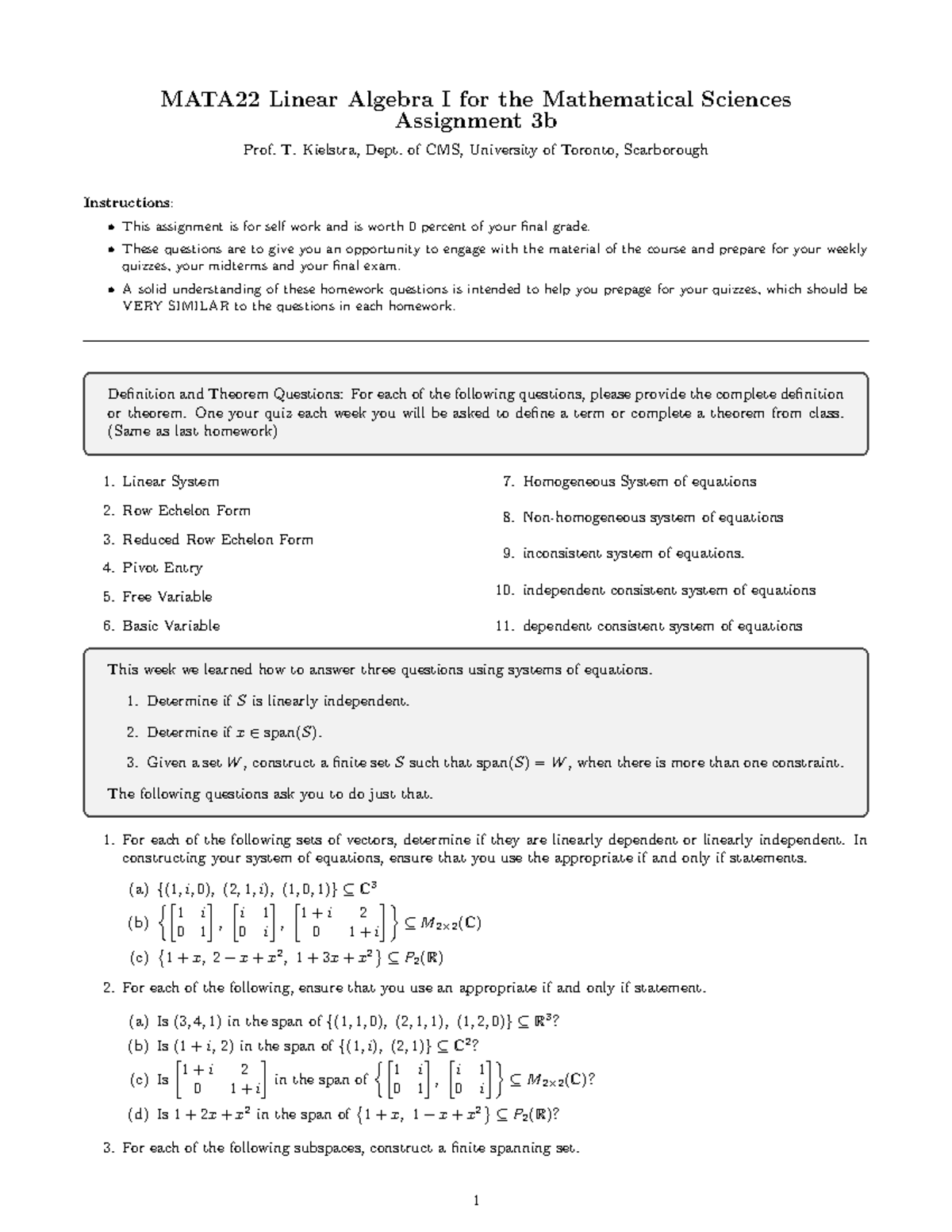 MATA22 Linear Algebra I Assignment 3B - Prof. T. Kielstra - Studocu