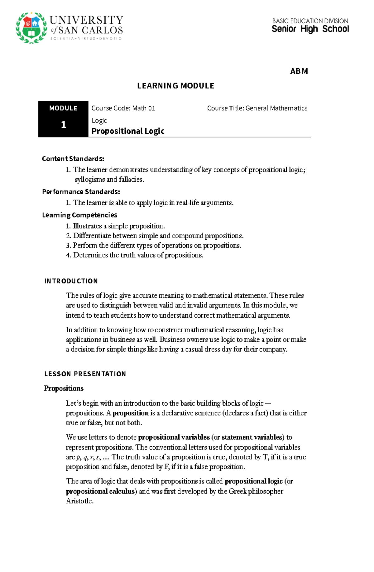 Math 01 General Mathematics: Module 1 - Propositional Logic Overview ...