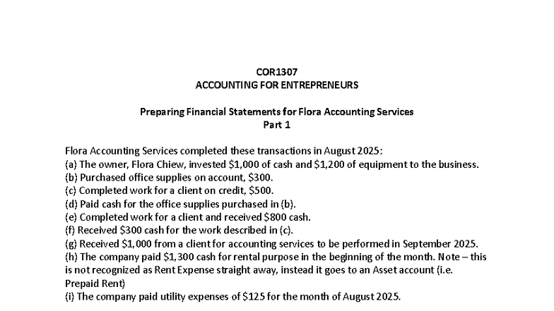 COR1307 ACCOUNTING FOR ENTREPRENEURS: Financial Statements Prep Part 1 ...