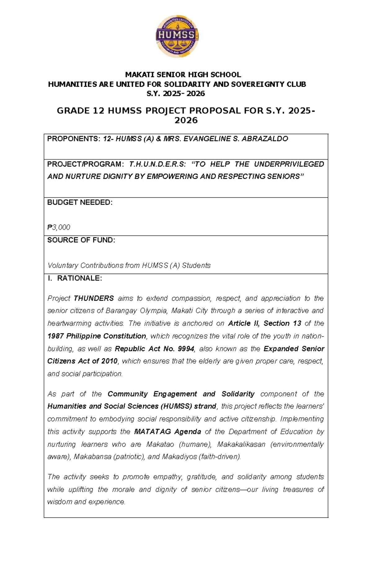 HUMSS (A) Project Proposal: THUNDERS Community Outreach for Seniors S.Y ...