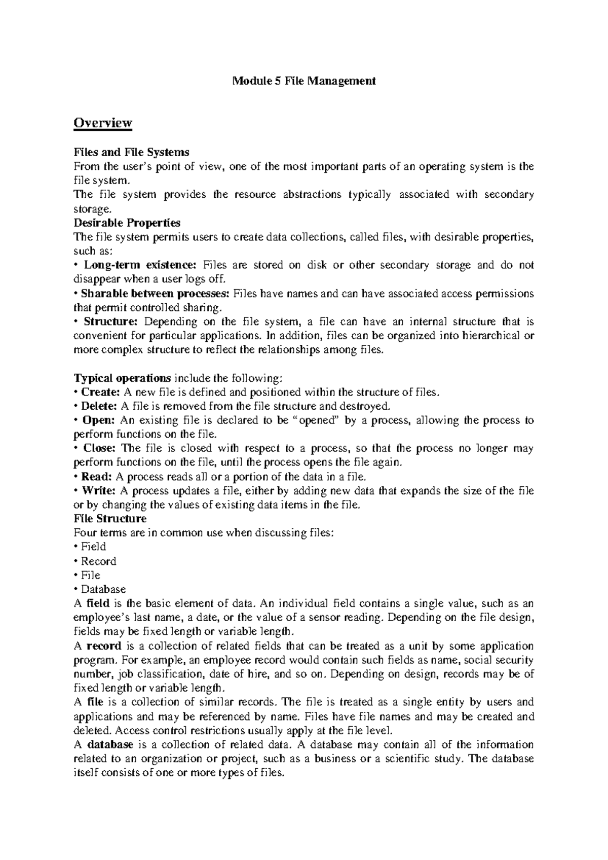 OS Module 5: File Management Overview and System Architecture - Studocu