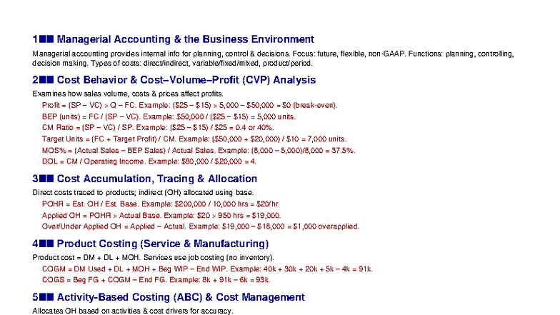 Managerial Accounting Cheat Sheet (ACCT 301) with Examples - Studocu