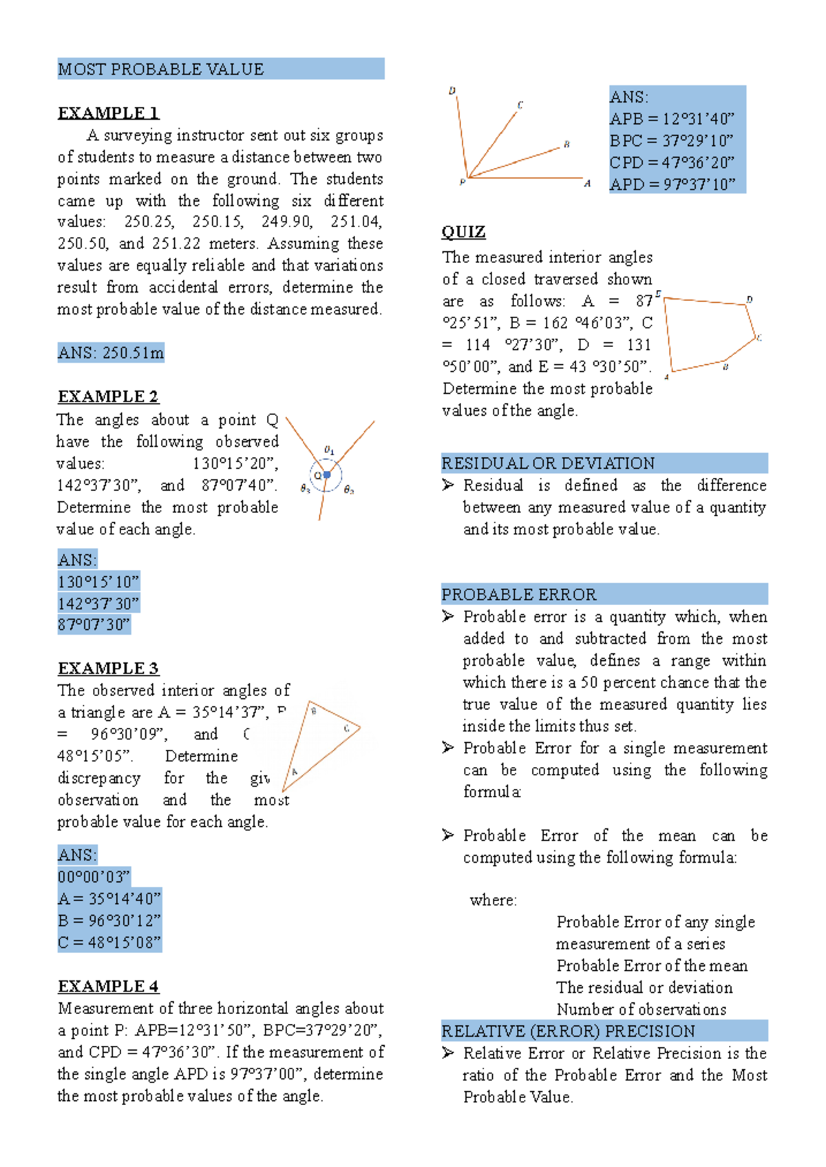 Surveying 101: Most Probable Values & Error Calculations Review - Studocu