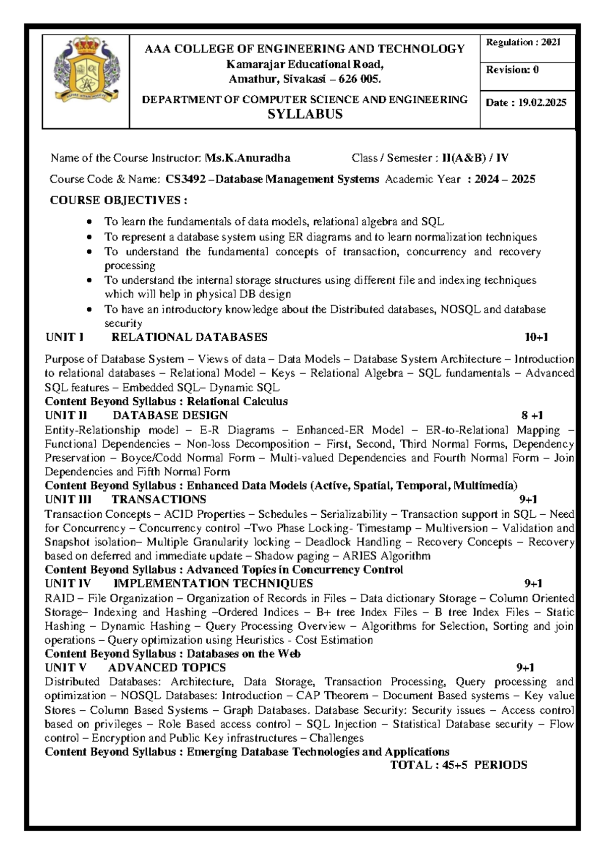CS3492 - Management Systems Syllabus for IV Semester (2024-2025) - Studocu