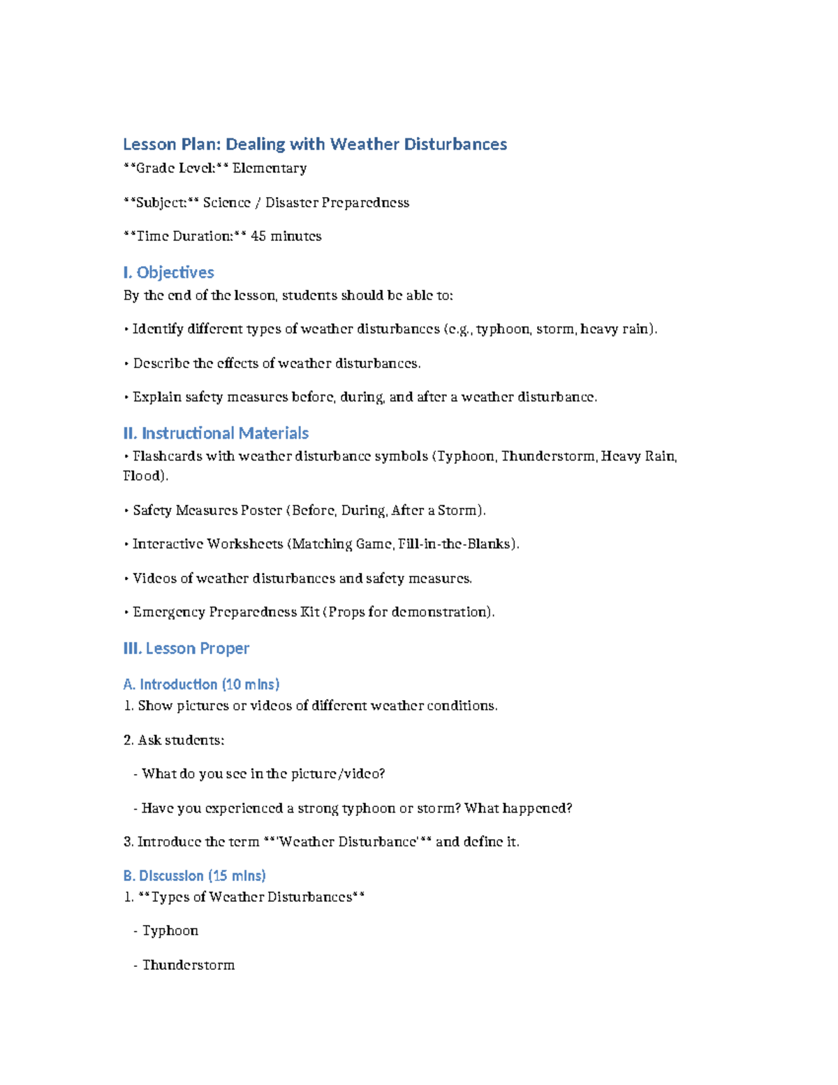 Lesson Plan: Weather Disturbances for Elementary Science Class - Studocu