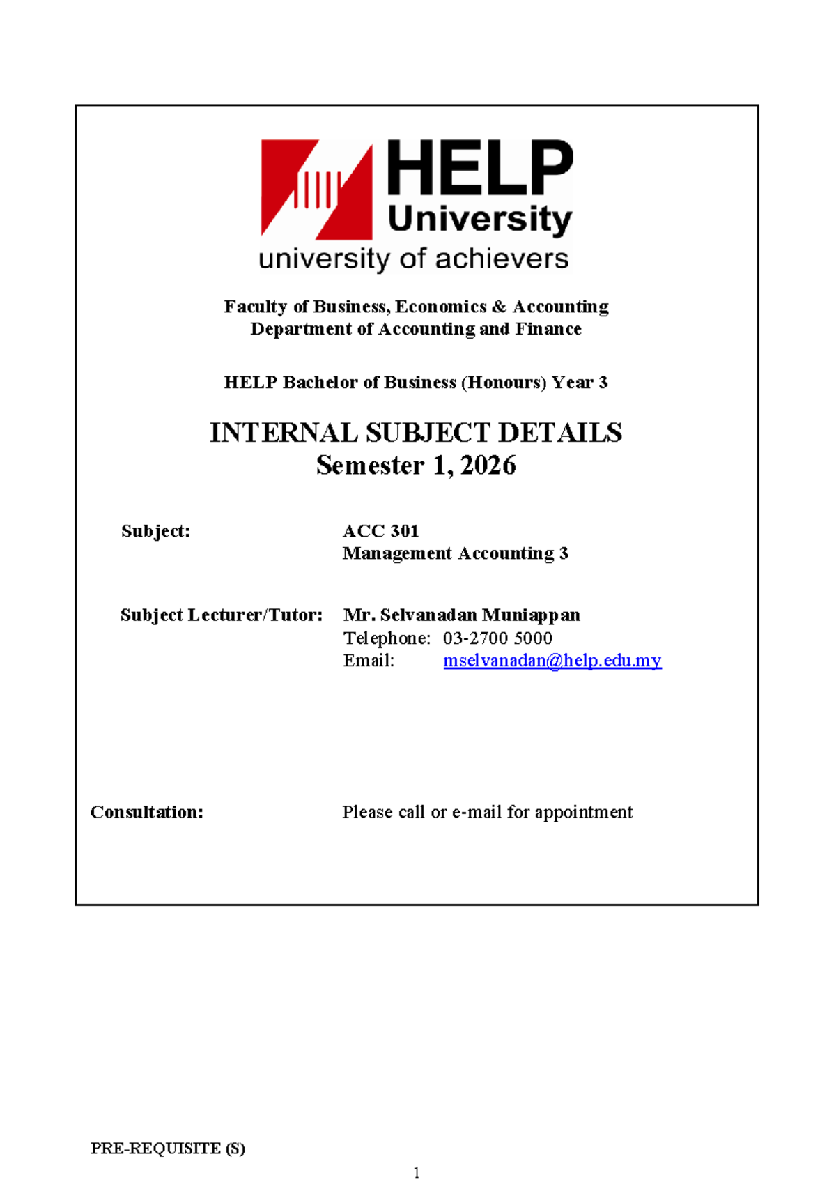 ACC301 Management Accounting 3 Course Outline and Assessment Details ...
