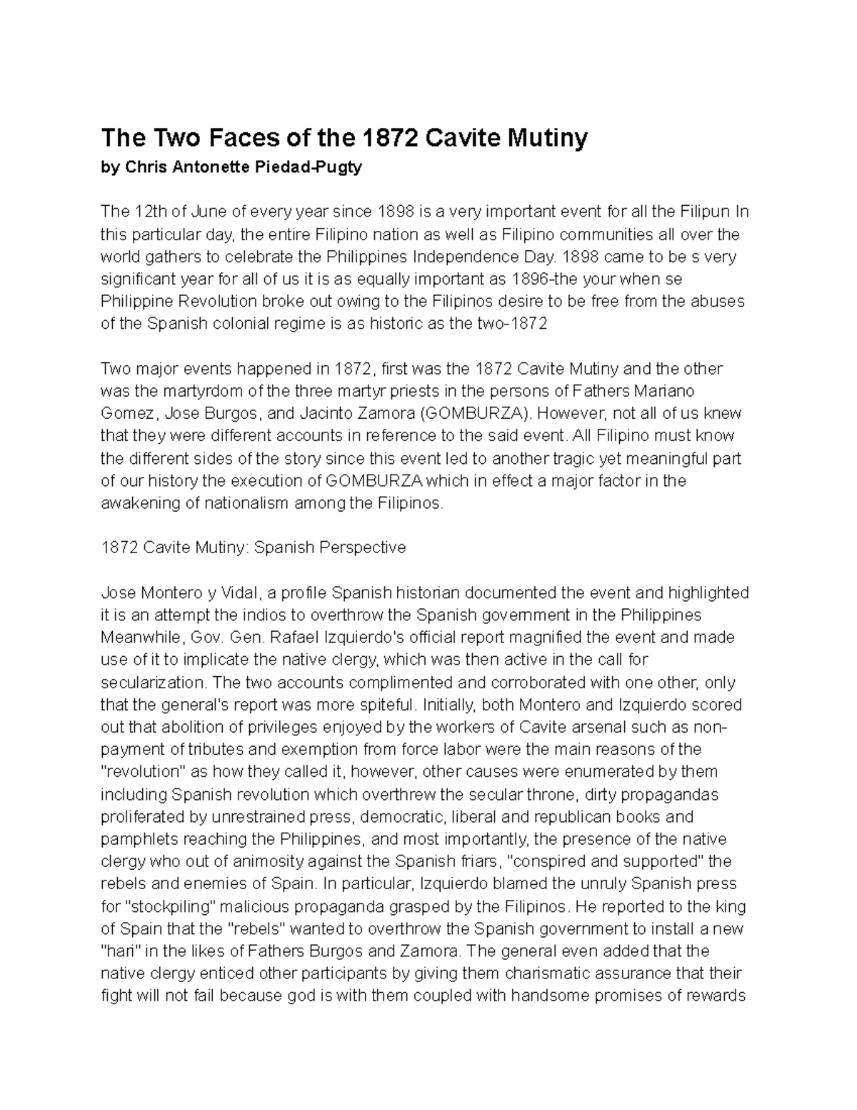 The 1872 Cavite Mutiny: Dual Perspectives on a Pivotal Event - Studocu