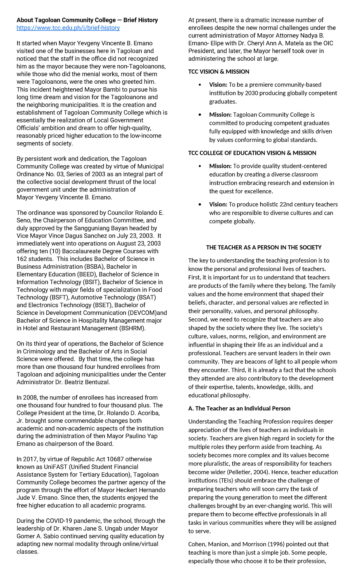 TTP 101: Tagoloan Community College History and Teacher Roles Overview ...
