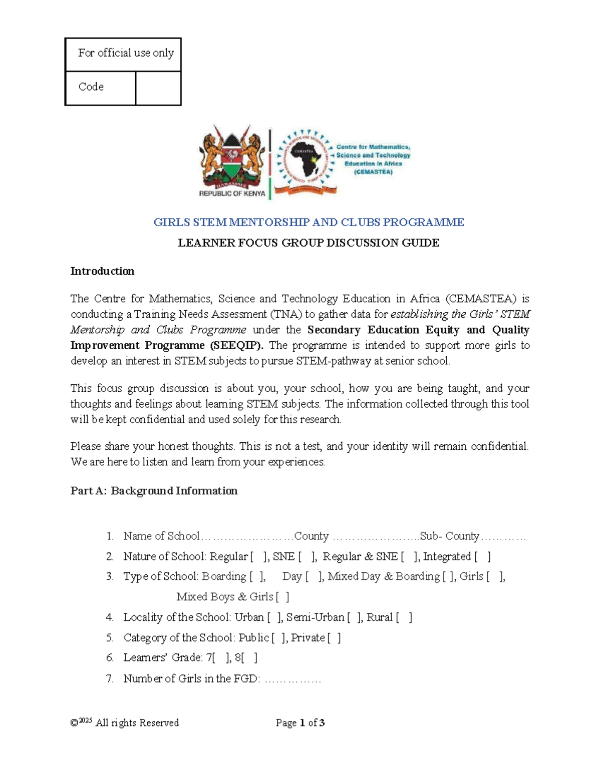 GIRLS STEM Mentorship & Clubs Programme: Learner FGD Guide - Studocu