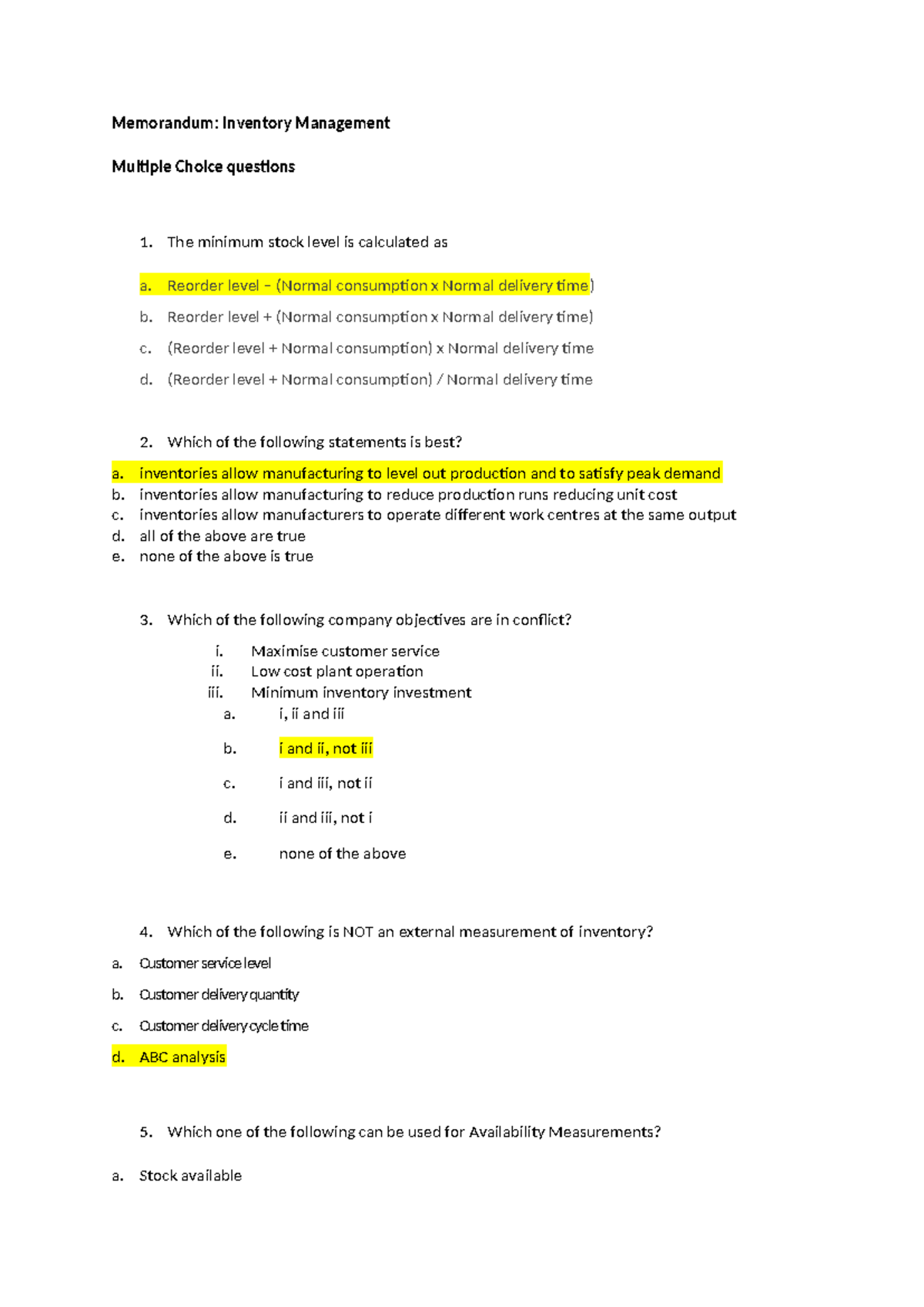 Inventory Management MCQs & Calculations - Assignment Memo 2018 - Studocu