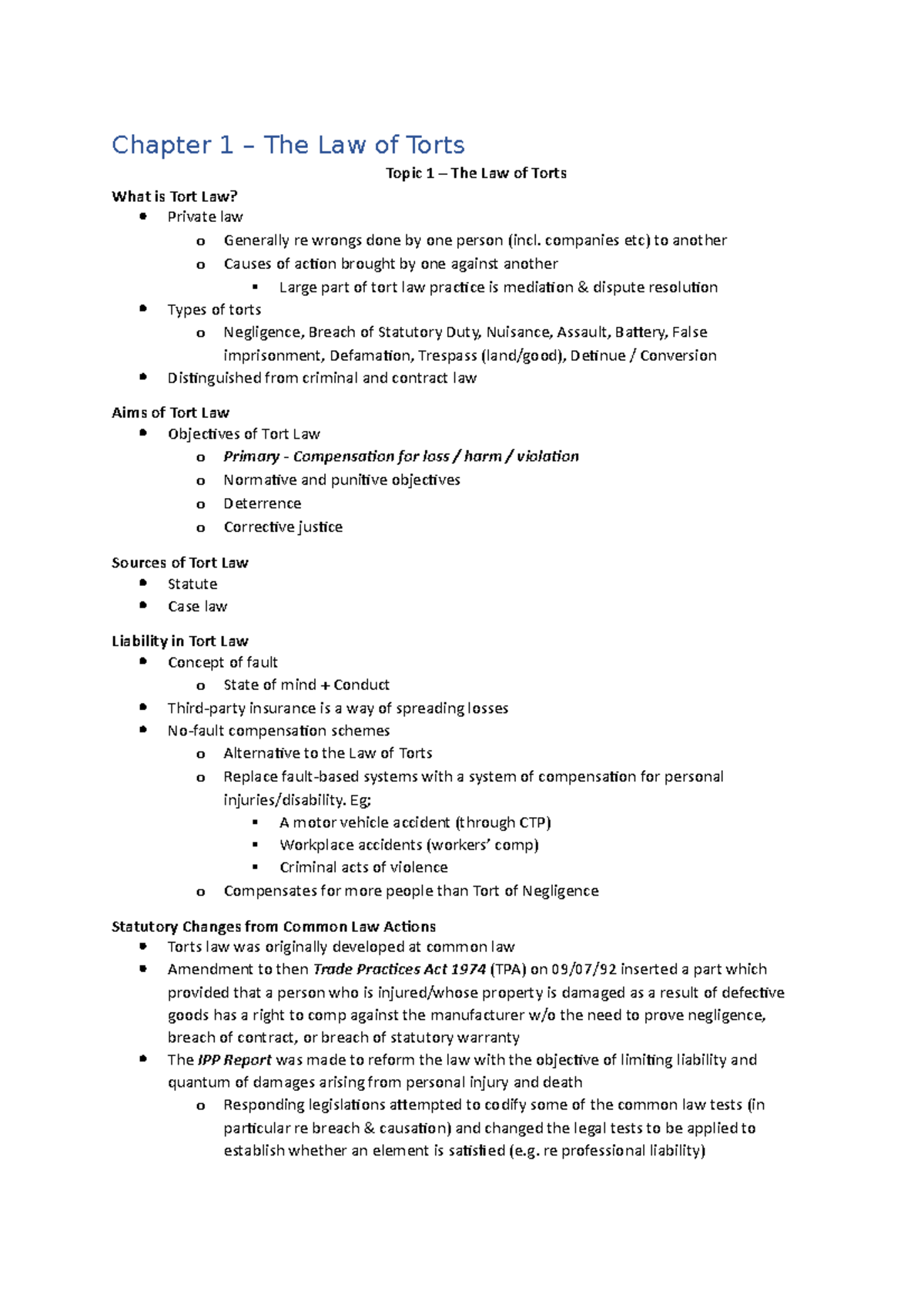 Torts Exam Notes - Chapter 1 – The Law of Torts Topic 1 – The Law of ...