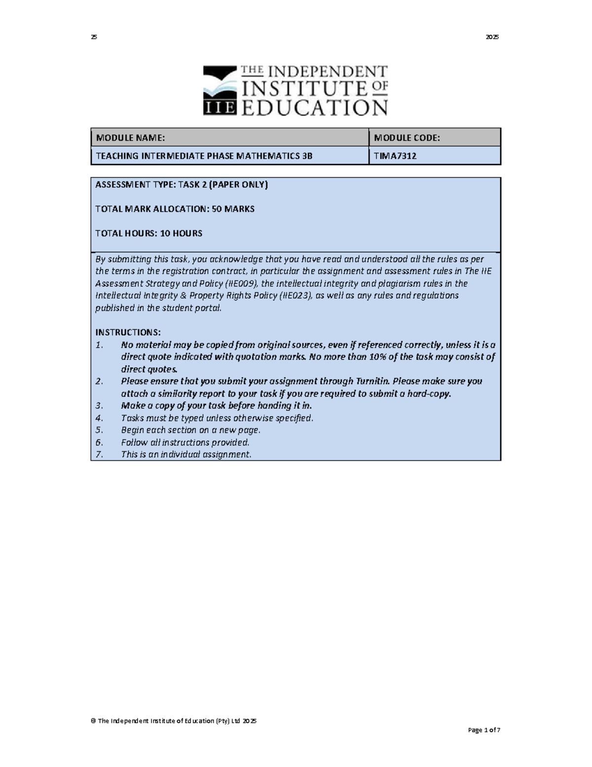 TIMA7312 Task 2: Assessment on Teaching Intermediate Phase Mathematics ...