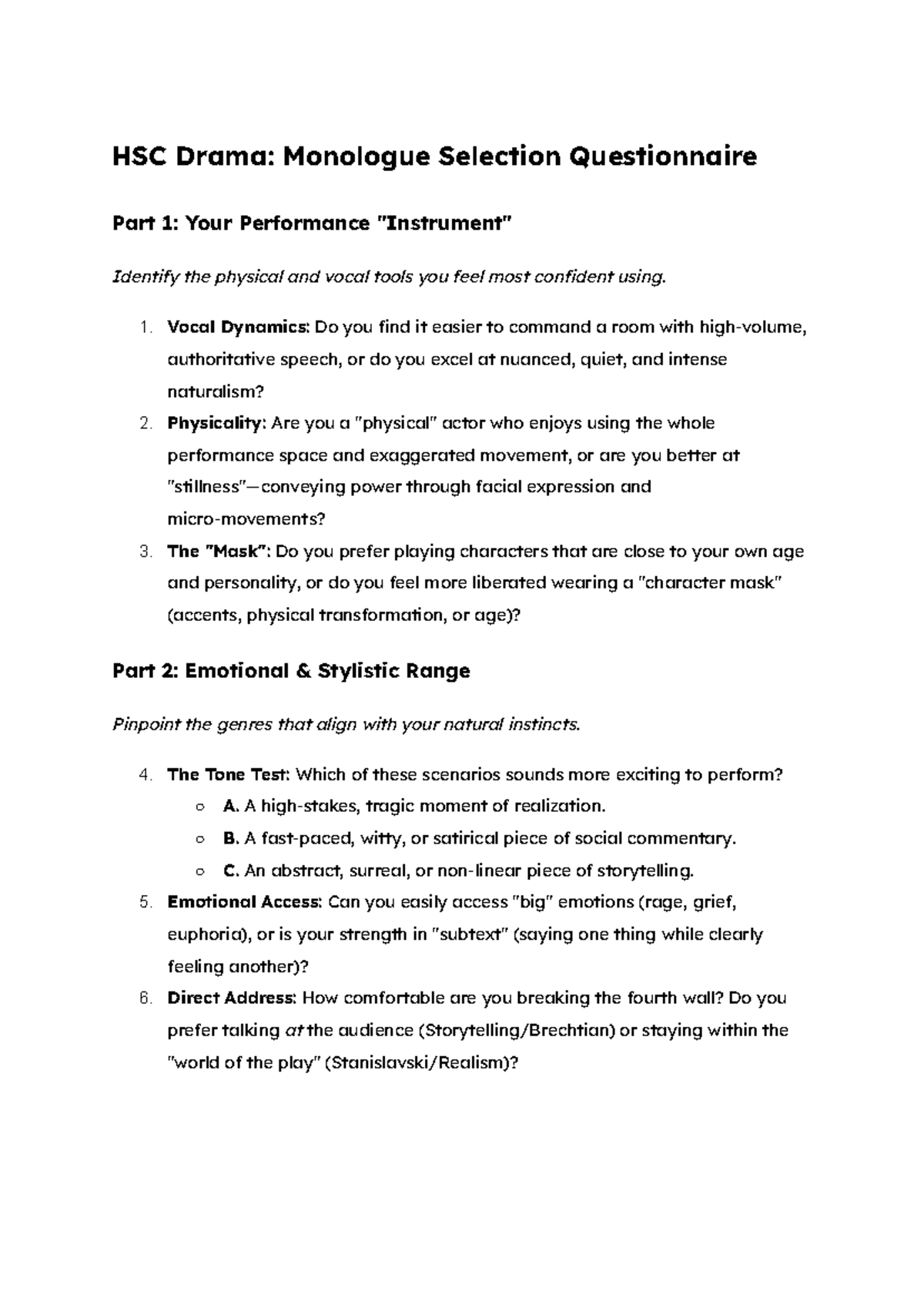 HSC Drama: Monologue Selection Questionnaire & Performance Insights ...