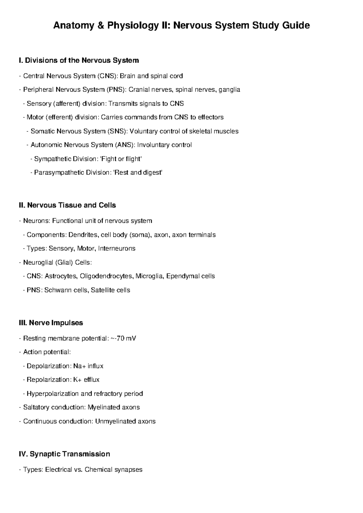Anatomy & Physiology II: Nervous System Study Guide - Studocu